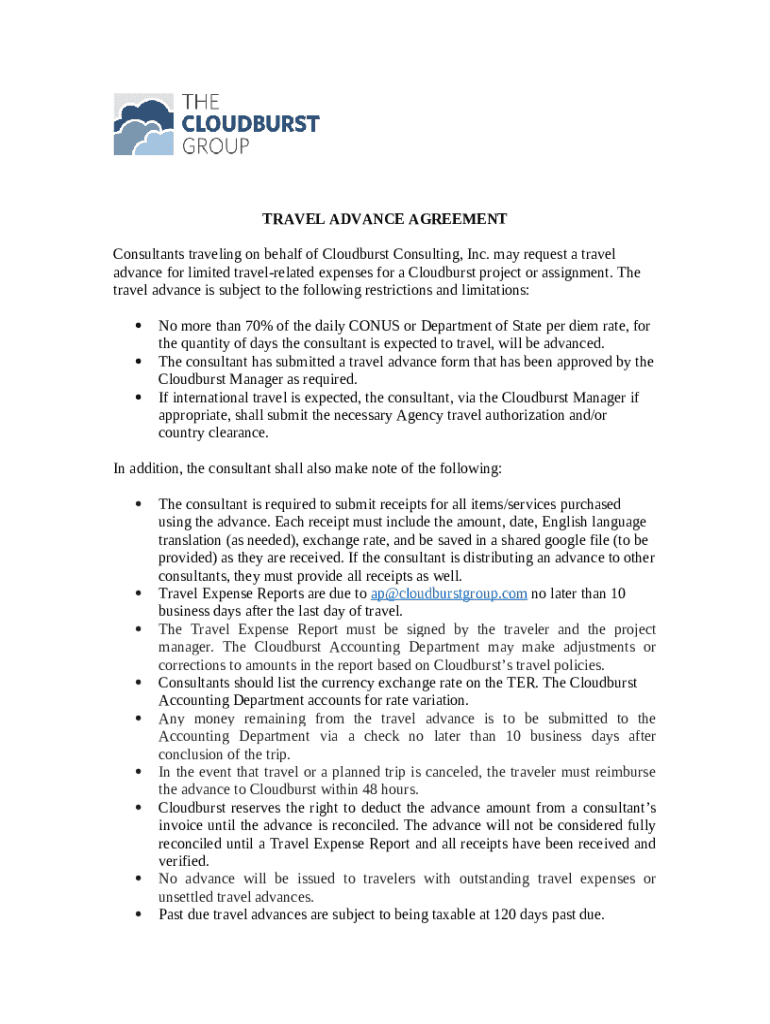 Travel Advance Agreement Template (consultants) Doc Template | pdfFiller