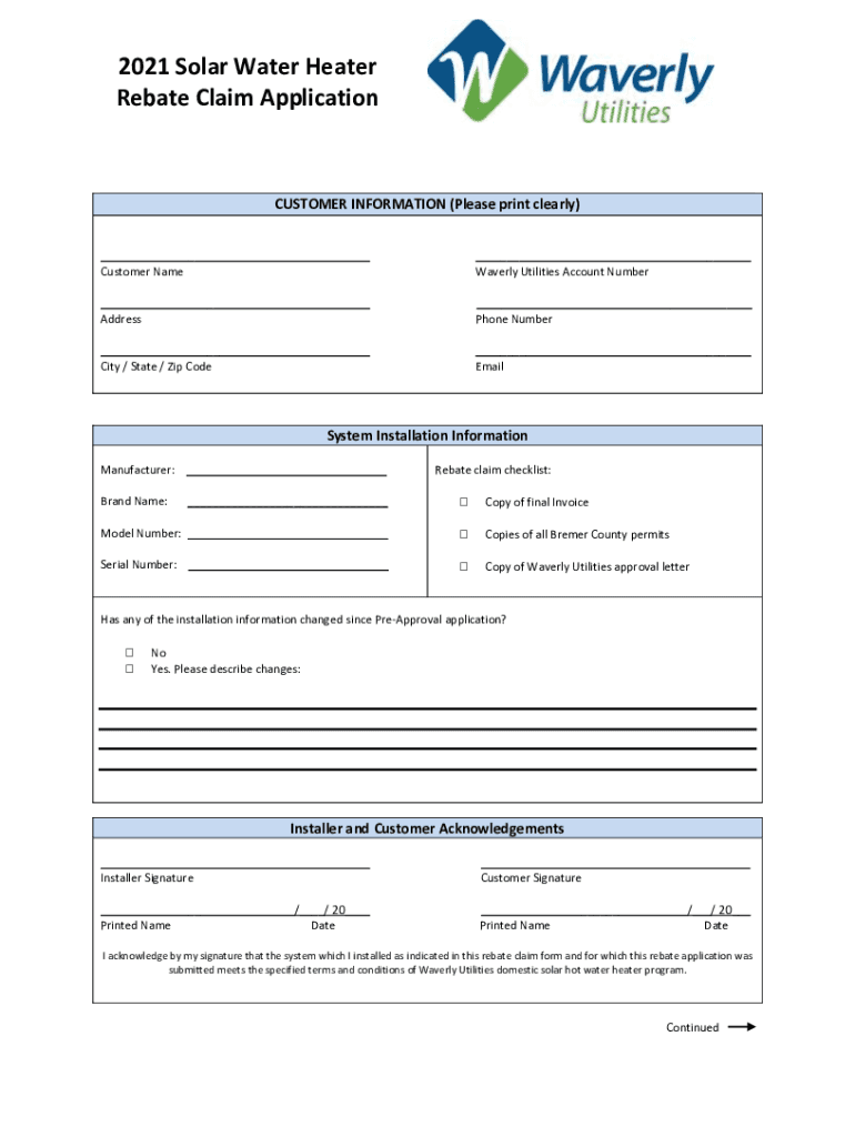 Fillable Online 2021 Solar Water Heater Rebate Claim Application Fax Email Print - pdfFiller