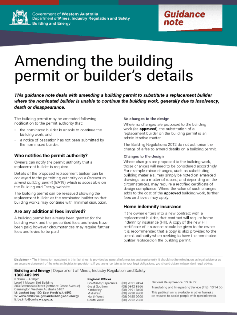 Fillable Online Amending the building permit or builders detailsGuidance note. Amending the ...