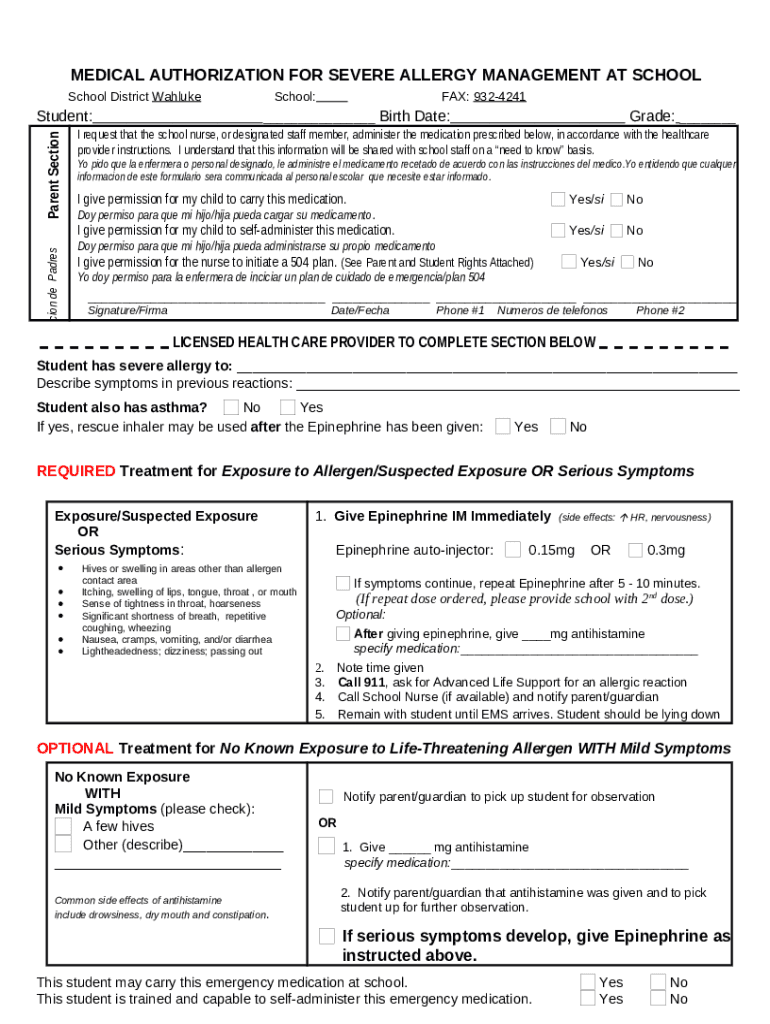 MEDICAL AUTHORIZATION FOR Severe Allergy Management AT SCHOOL Doc ...