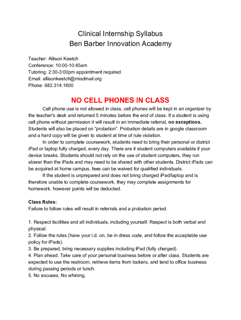 Fillable Online Clinical Internship Syllabus Ben Barber Innovation Academy Fax Email Print ...