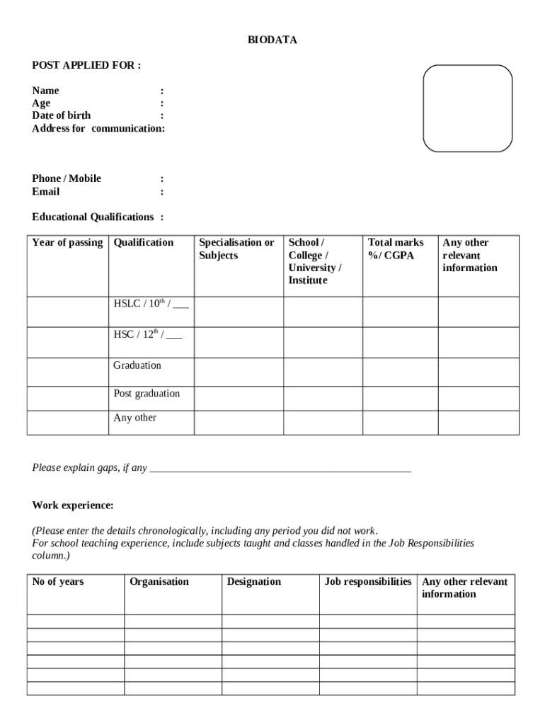 Biodata at & Sample for Job, Marriage, Students & ... Doc Template | pdfFiller