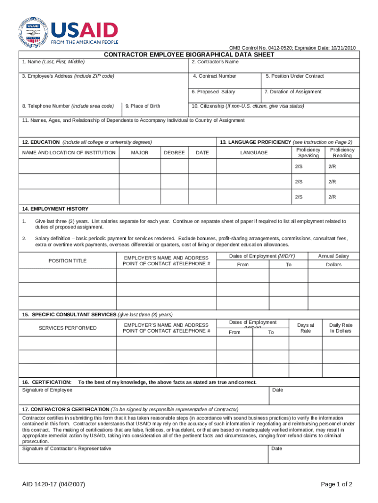 J.8 Contractor Employee Biographical Data Sheet.pdf Doc Template ...
