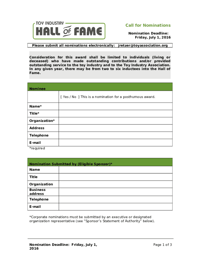 Toy Industry Hall of Fame Nomination. Nomination Doc Template | pdfFiller