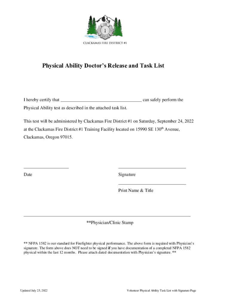 Fillable Online Physical Ability Doctor's Release and Task List Fax ...