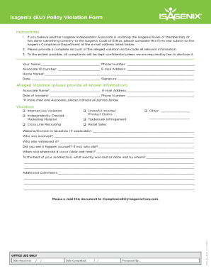 Fillable Online Isagenix (EU) Policy Violation Form Fax Email Print ...