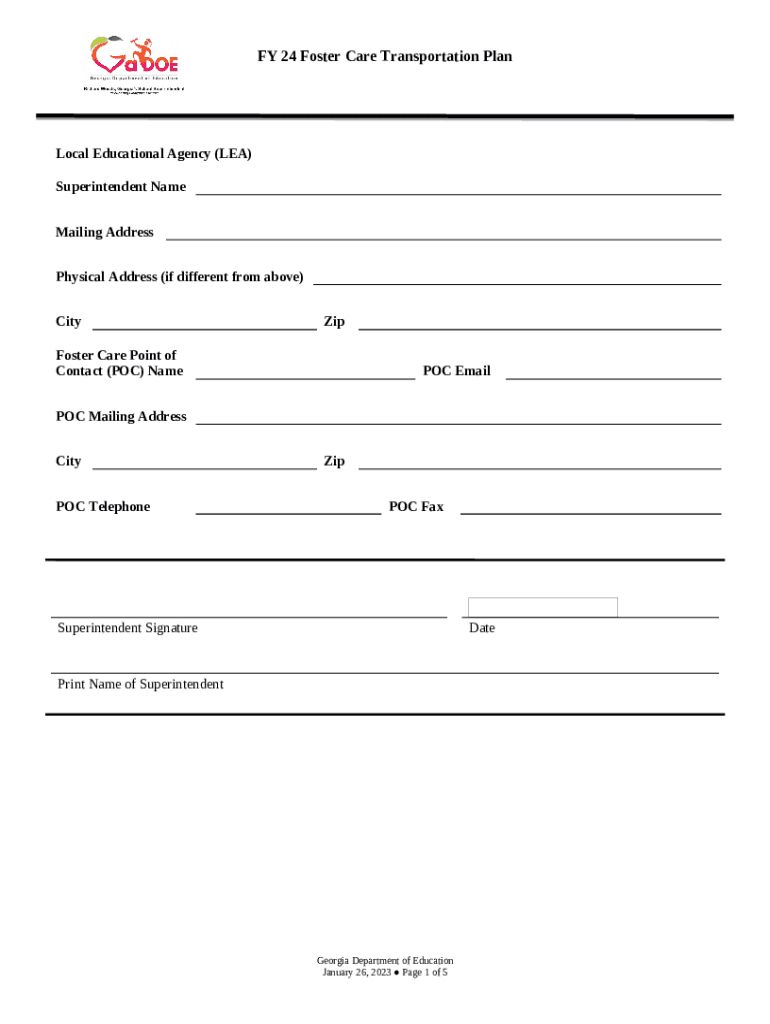 FY24 Foster Care Transportation Plan Template Doc Template | pdfFiller