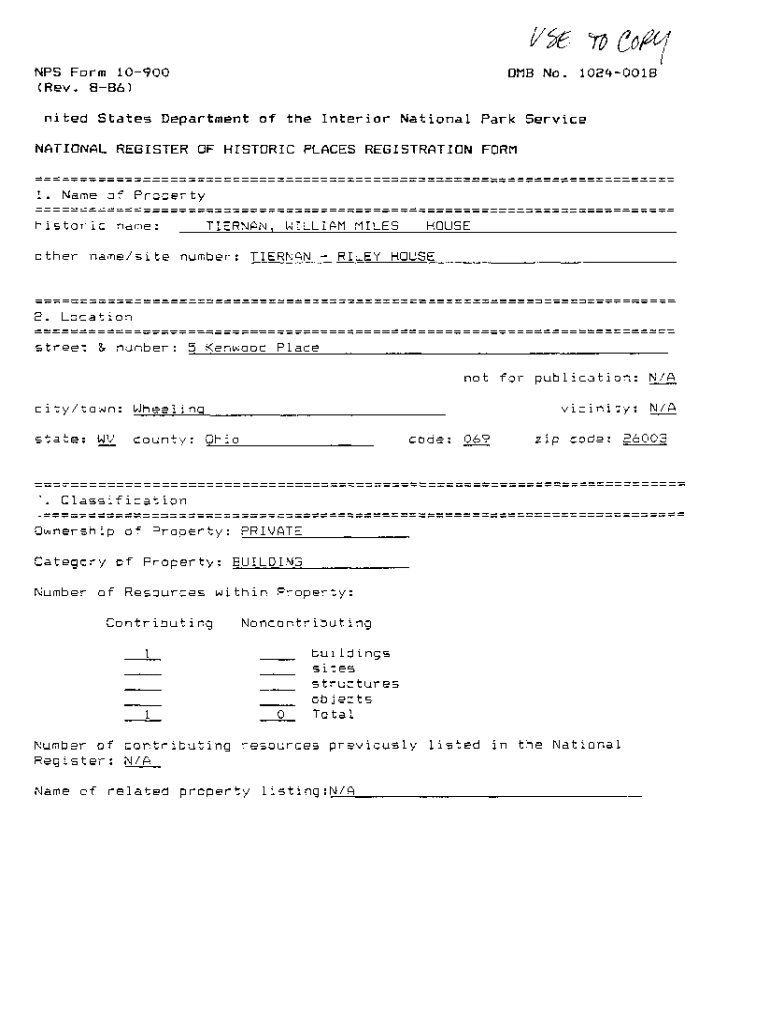 Fillable Online (Rev. 8-86) NATIONAL REGISTER OF HISTORIC PLACES ...