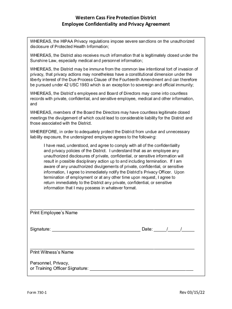 Fillable Online Form 730-1 Employee Confidentiality Agreement ...