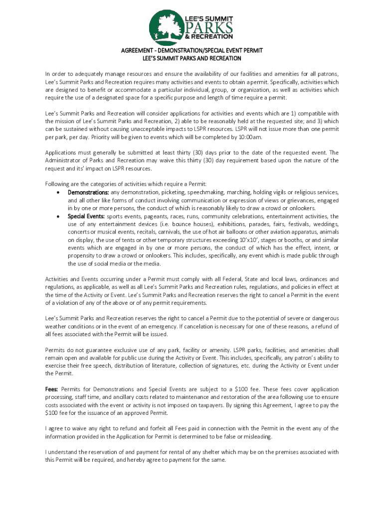 Fillable Online AGREEMENTDEMONSTRATION/SPECIAL EVENT PERMIT ... Fax ...