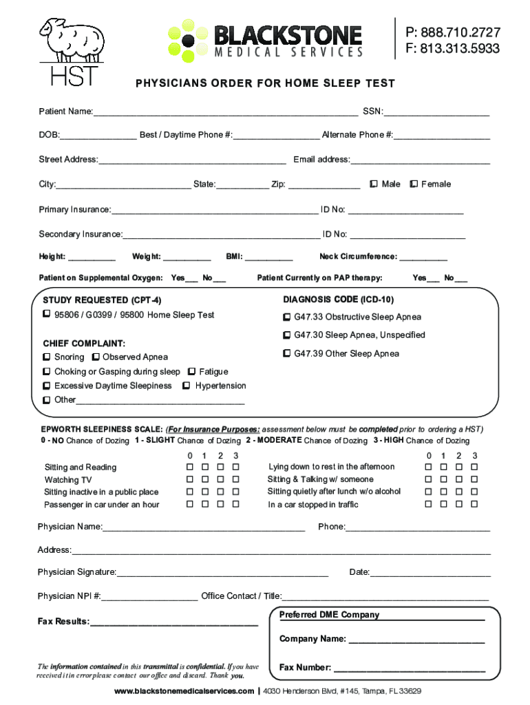 Fillable Online HOME SLEEP TEST ORDER & QUESTIONNAIRE FORM Fax Email ...