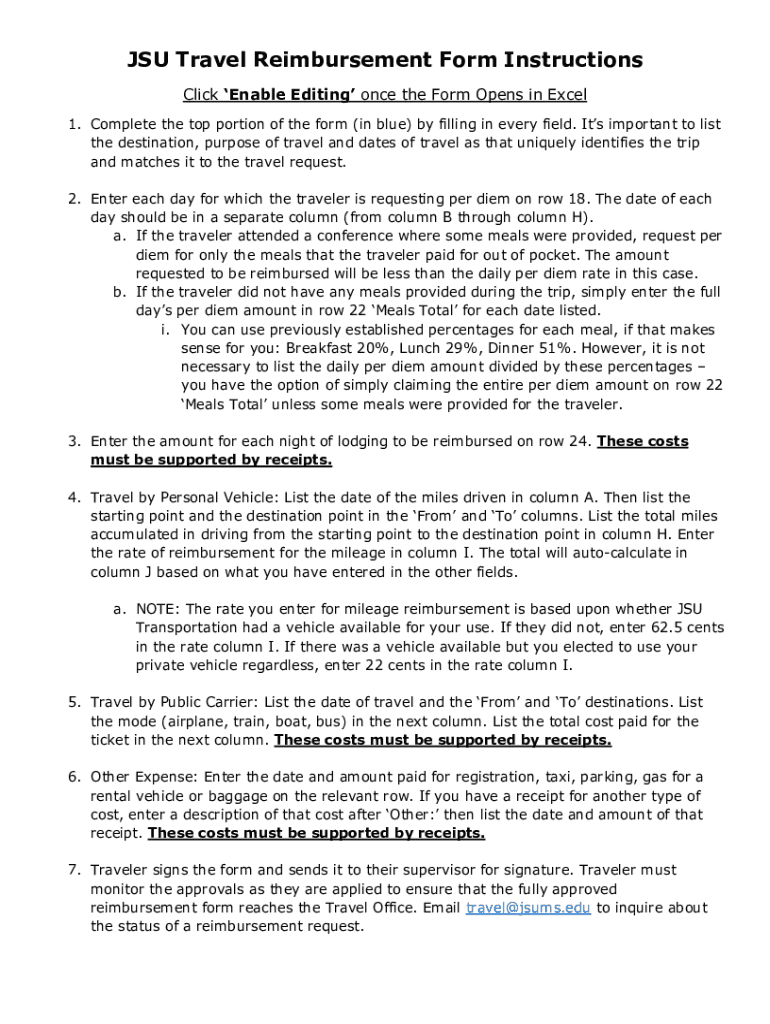 Fillable Online JSU Travel Reimbursement Form Instructions Fax Email Print - pdfFiller