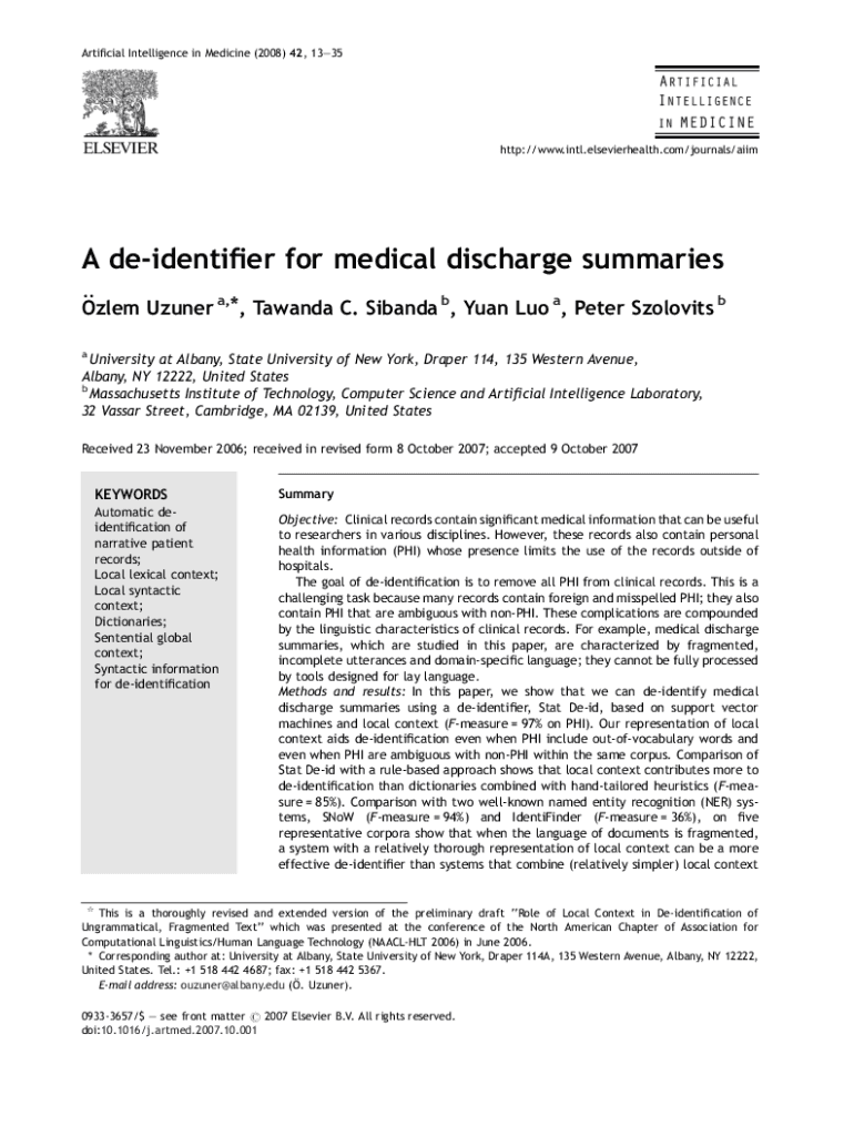 Fillable Online groups csail mit A de-identifier for medical discharge summaries - Research Fax ...