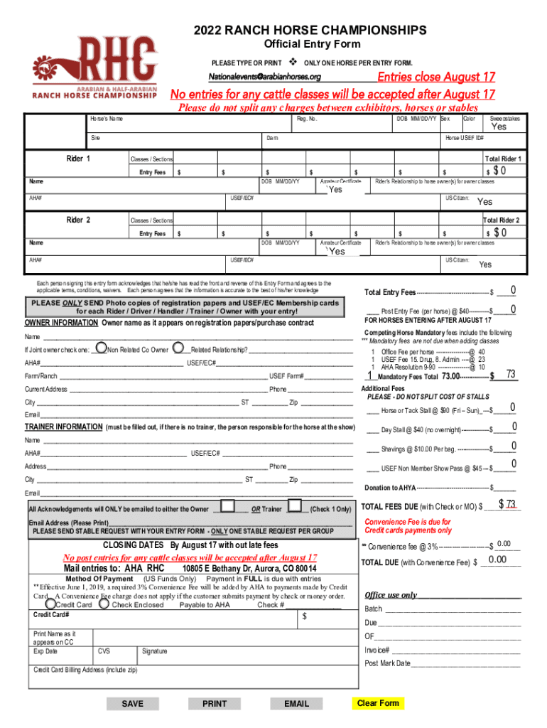 Fillable Online Arabian and Half-Arabian Ranch Horse Championship Fax Email Print - pdfFiller
