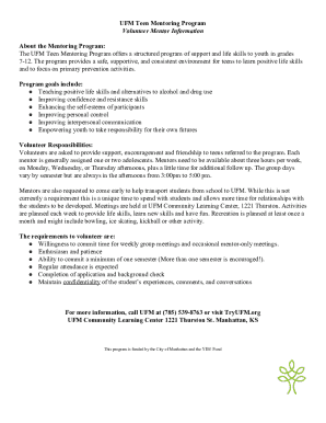 Fillable Online UFM Teen Mentoring Program About the Mentoring Program Fax Email Print - pdfFiller