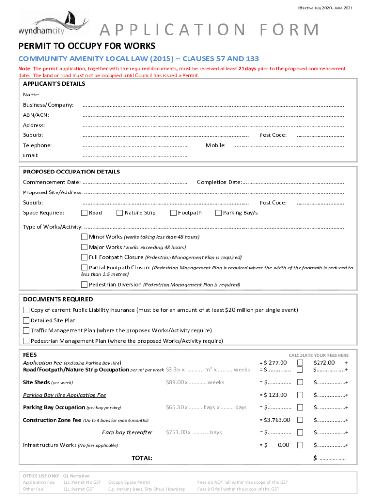 Fillable Online permit to occupy for works community ... Fax Email Print - pdfFiller