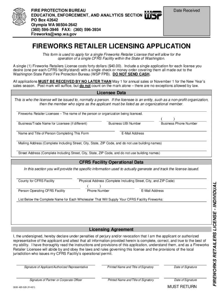 Fillable Online Application for Retail Fireworks License (R 4/21 ...