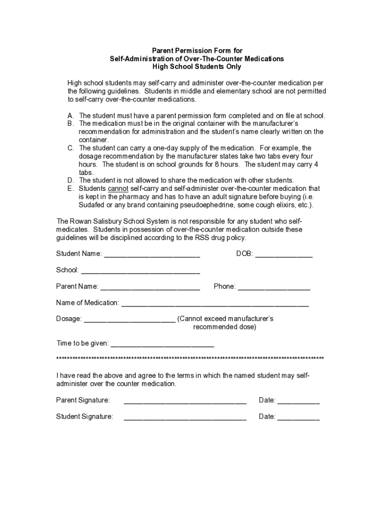 Fillable Online Parent Permission Form for Self-Administration of Over ...