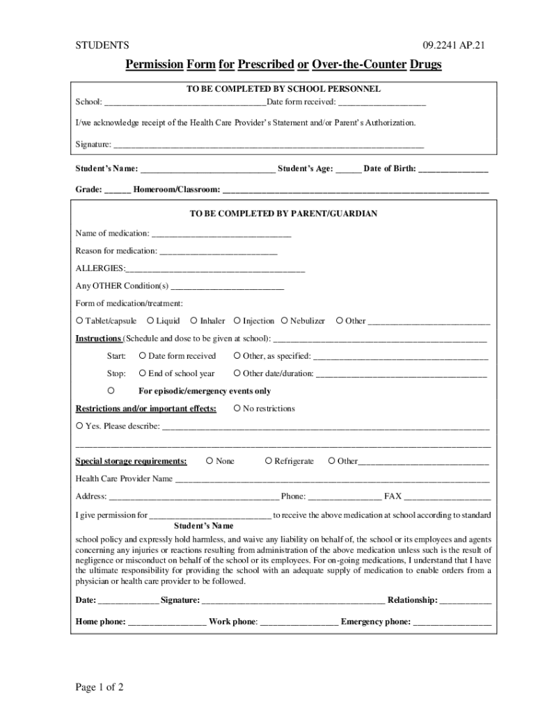 Fillable Online Permission Form for Prescribed or Over-the-Counter ...