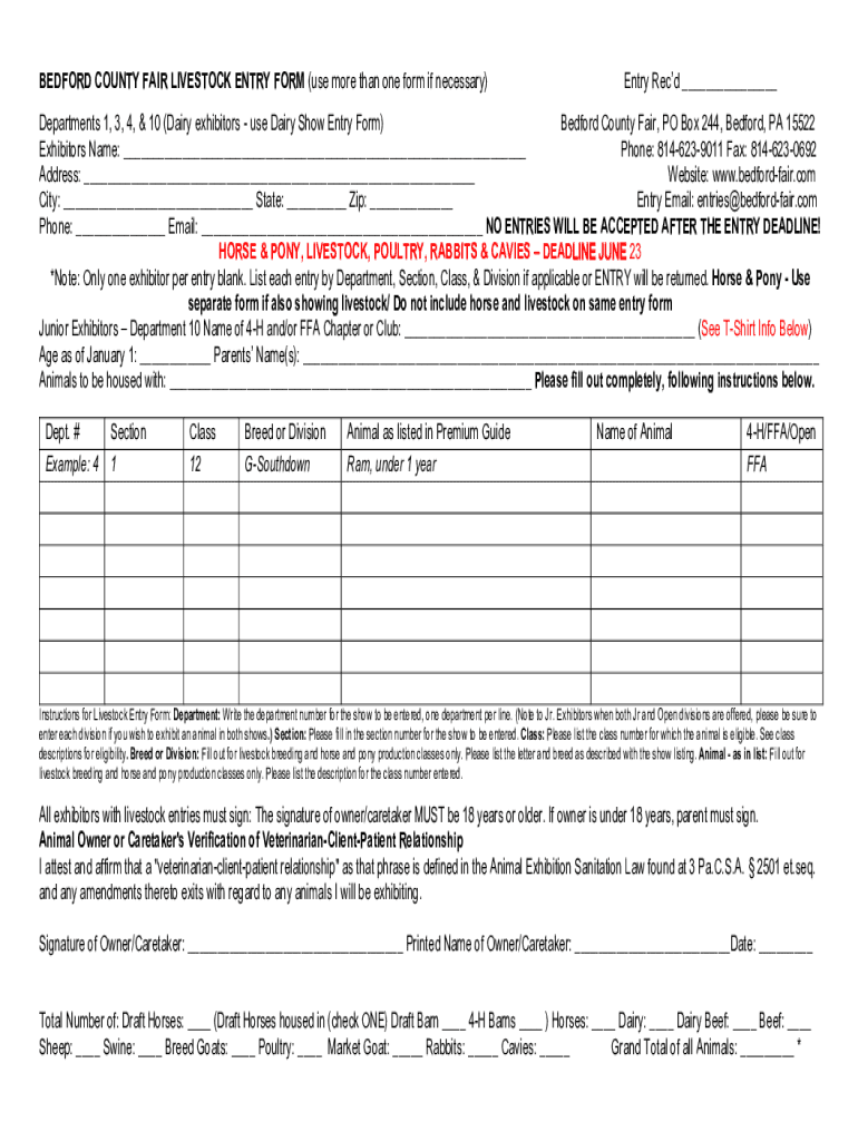 Fillable Online BEDFORD COUNTY FAIR LIVESTOCK ENTRY FORM ( ... Fax ...