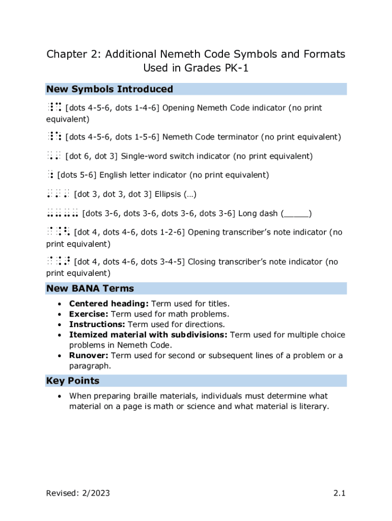 Fillable Online Additional Nemeth Code Symbols and Formats Used in ...