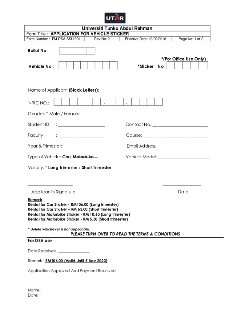 Fillable Online UTAR Vehicle Sticker Fax Email Print - pdfFiller