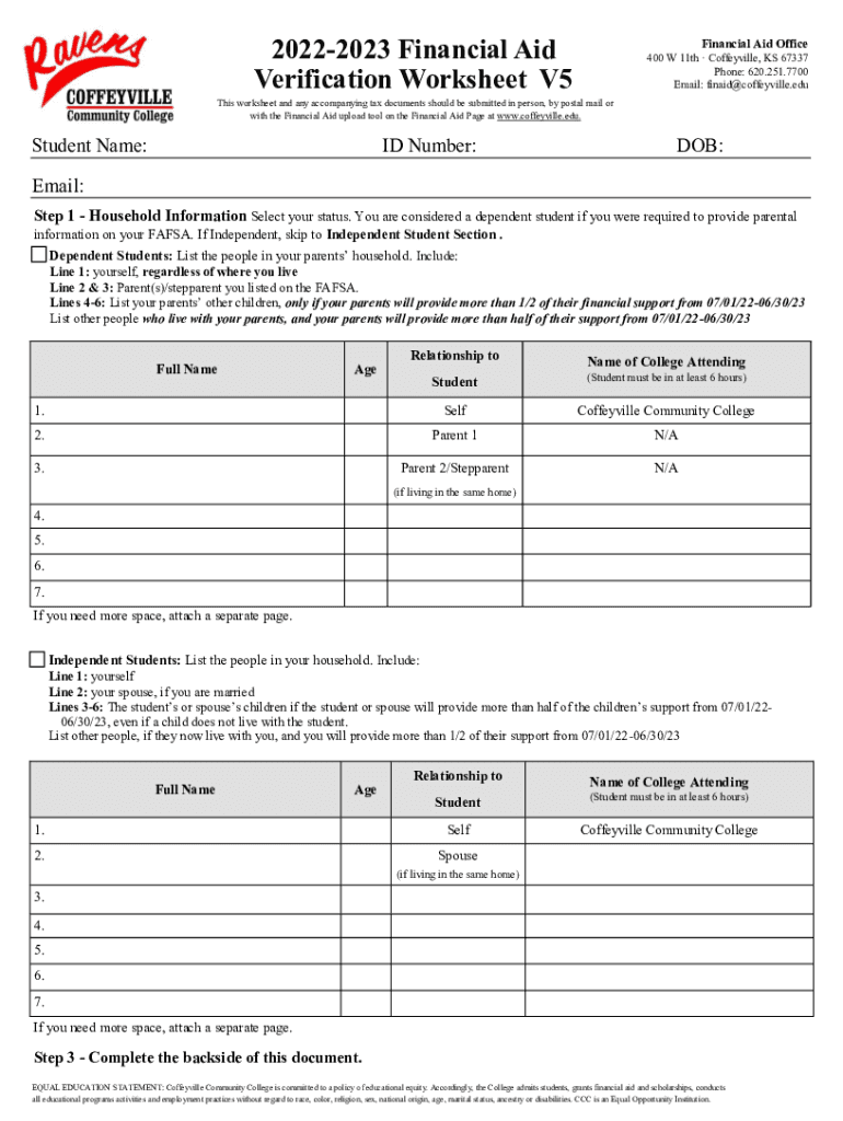 Fillable Online 2022-2023 Financial Aid Verification Worksheet V1 Fax ...