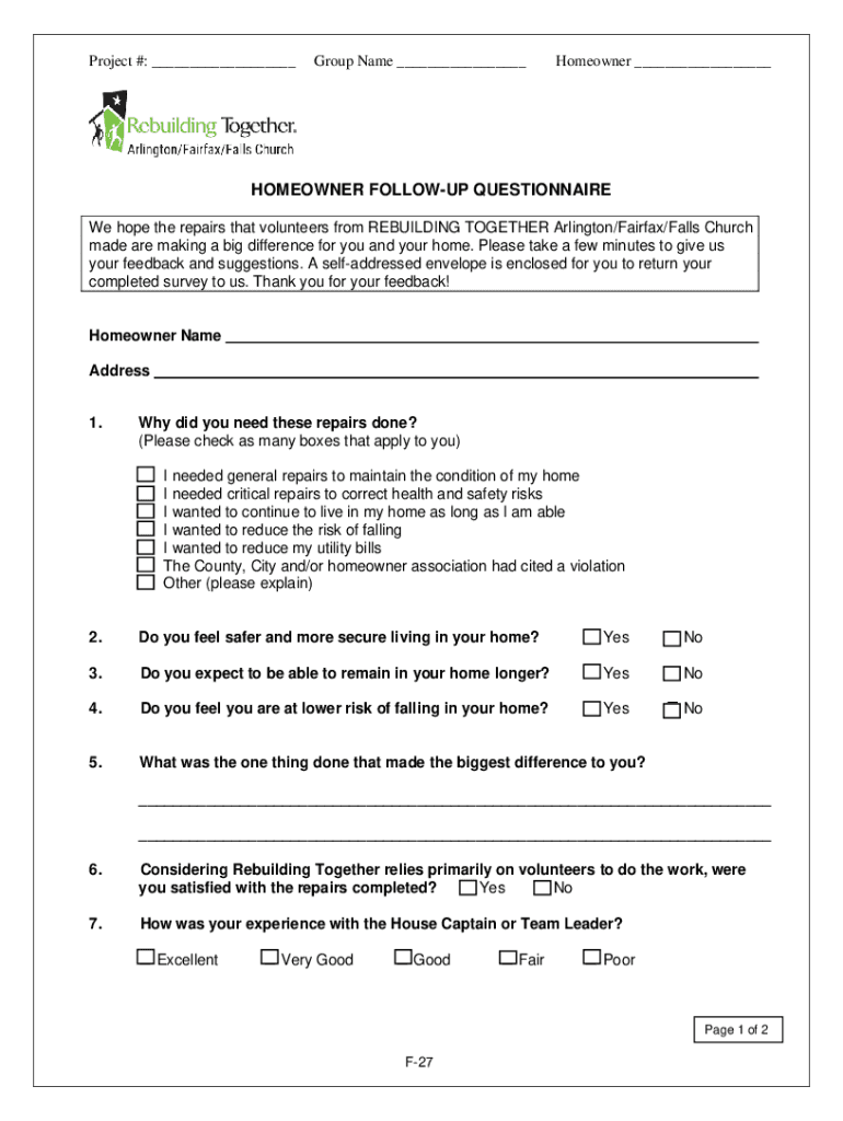 Fillable Online HOMEOWNER FOLLOW-UP QUESTIONNAIRE Fax Email Print ...