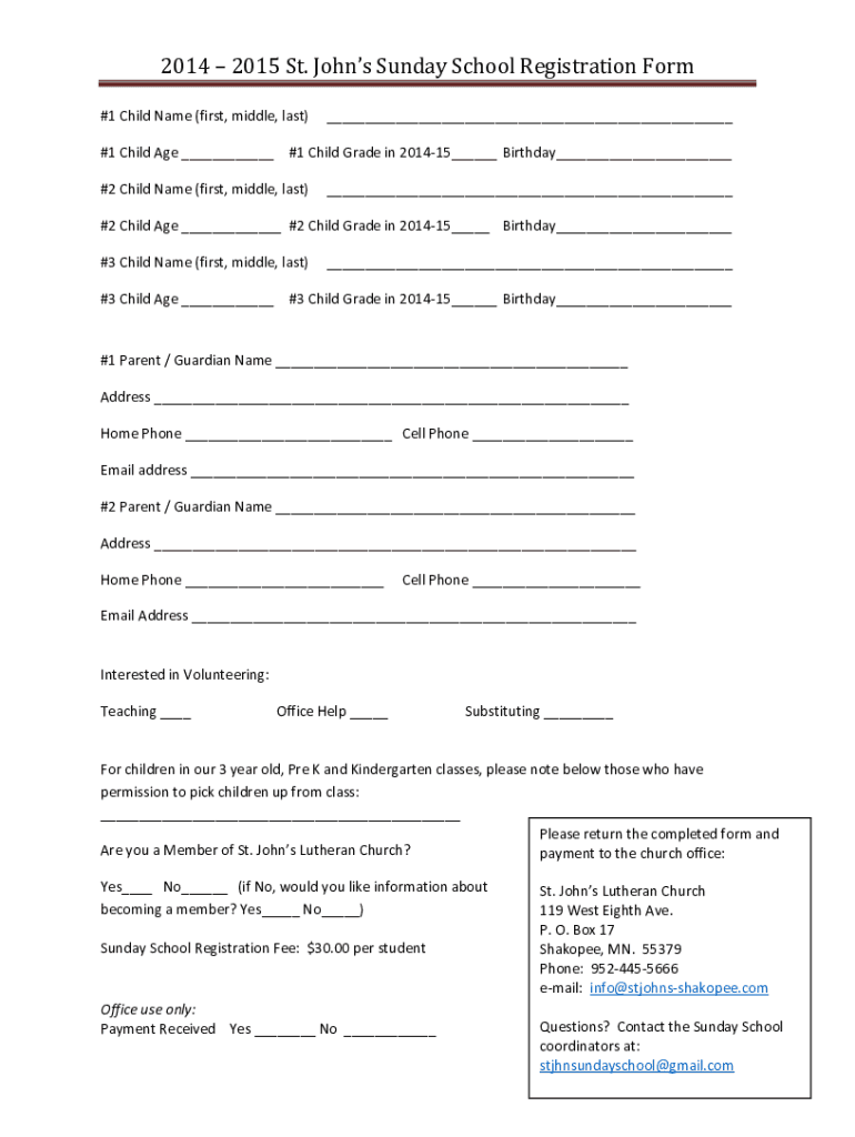 Fillable Online 10 Printable sunday school registration form pdf ...