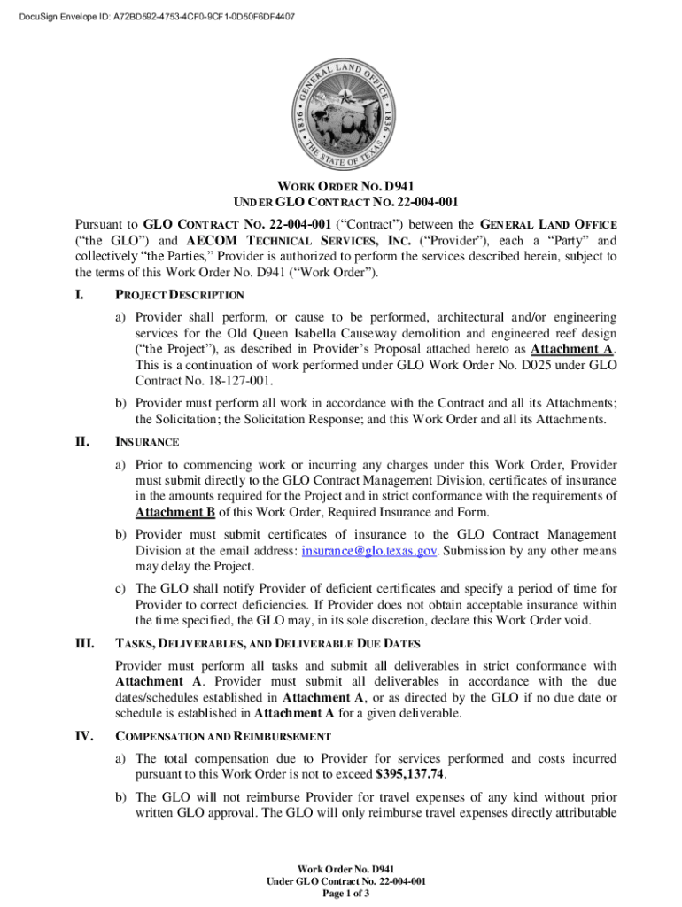 Fillable Online Work Order No. D941 Under GLO Contract No. 22-004-001 ...