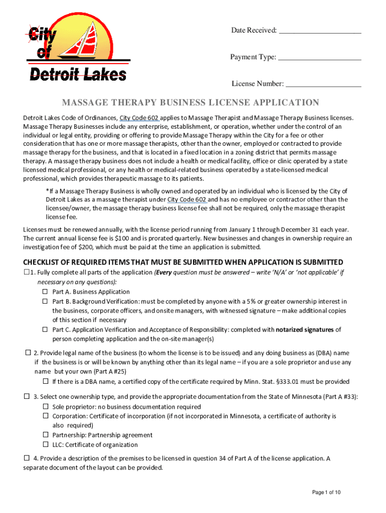 Fillable Online MASSAGE THERAPY BUSINESS LICENSE APPLICATION Fax Email ...