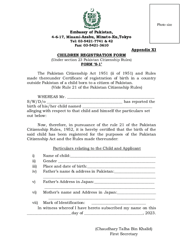 Fillable Online Appendix XI CHILDREN REGISTRATION FORM Fax Email Print ...