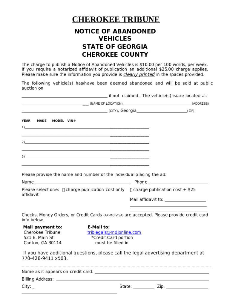 Notice of Abandoned Vehicles Doc Template | pdfFiller