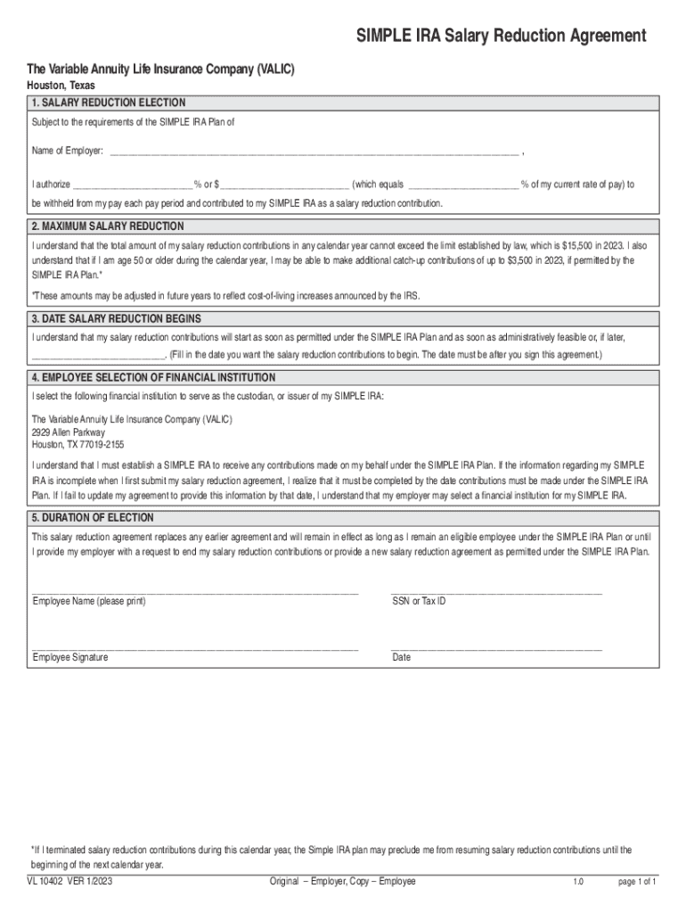 Fillable Online SIMPLE IRA Salary Reduction Agreement Fax Email Print ...