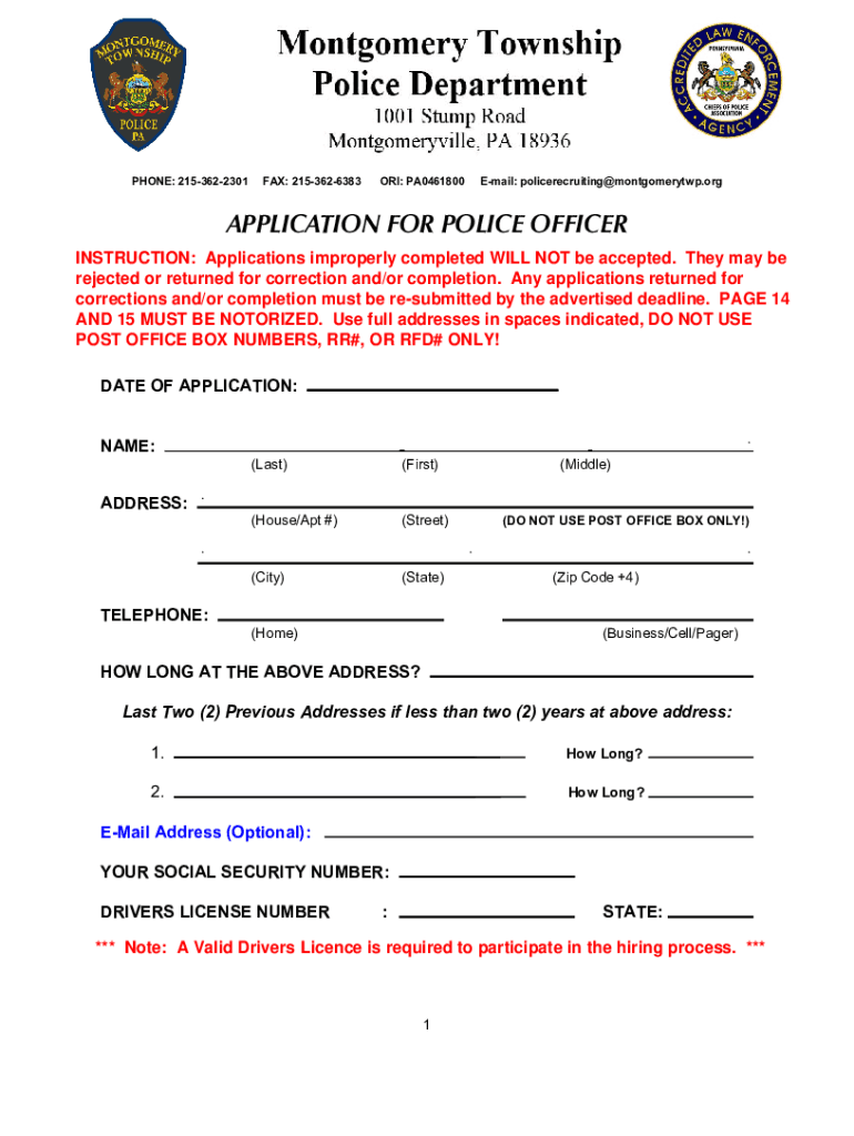 Fillable Online Montgomery Township Police Department Police Officer ...