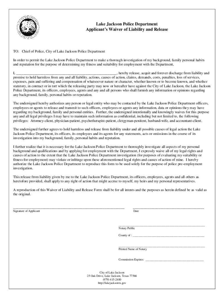 Fillable Online Lake Jackson Police Department Applicant's Waiver of ...