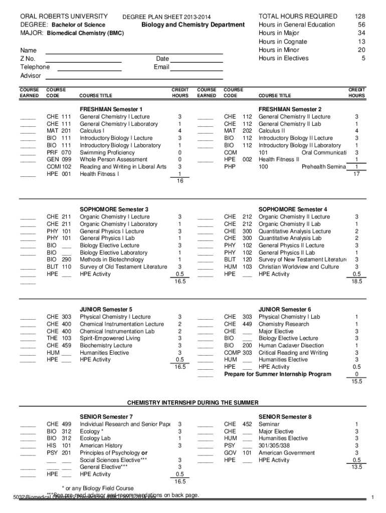 Fillable Online DEGREE PLAN SHEET 2018-2019 Biology and Chemistry ...