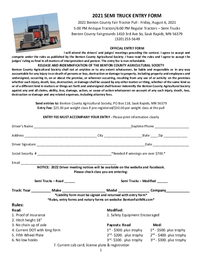 Fillable Online 2021 SEMI TRUCK ENTRY FORM - Benton County Fair Fax ...