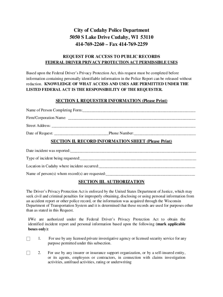 Fillable Online City of Cudahy Police Department 5050 S ... Fax Email ...