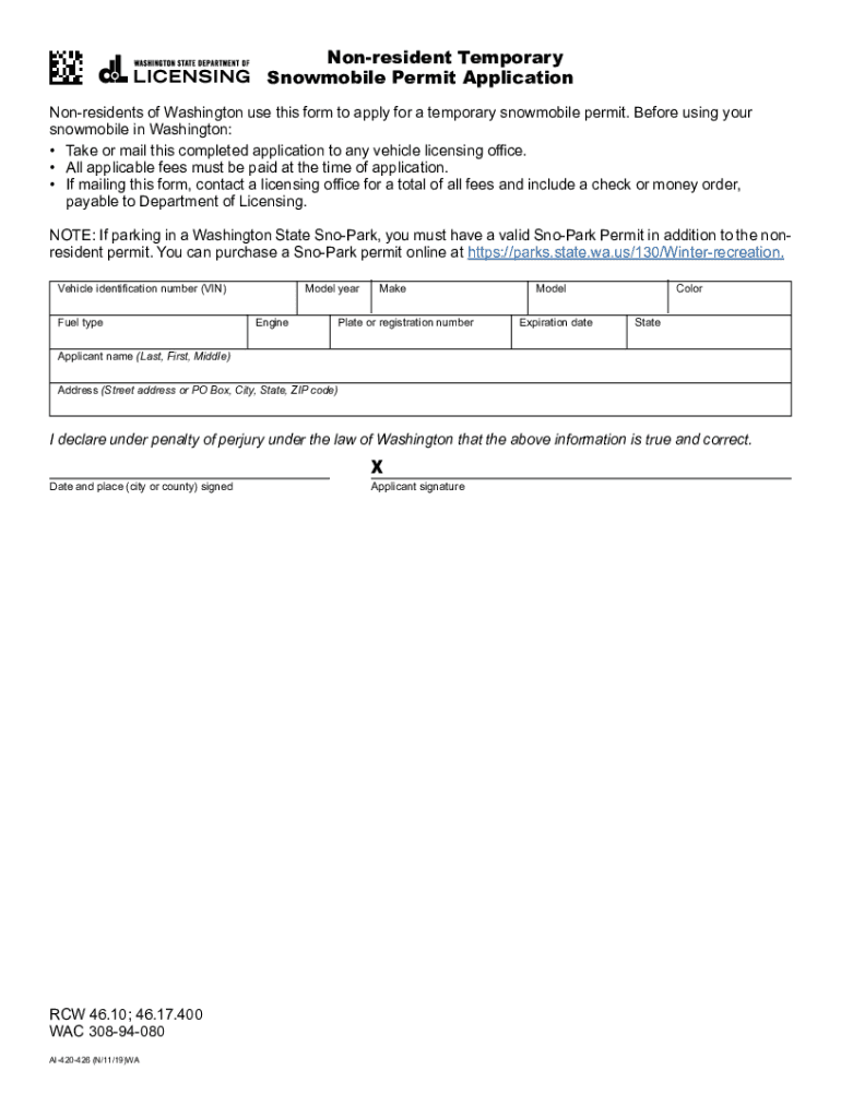 Fillable Online Non-Resident Temporary Snowmobile Permit Application ...