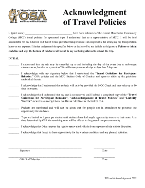 Fillable Online Travel Policy Acknowledgement and Agreement Form Fax ...
