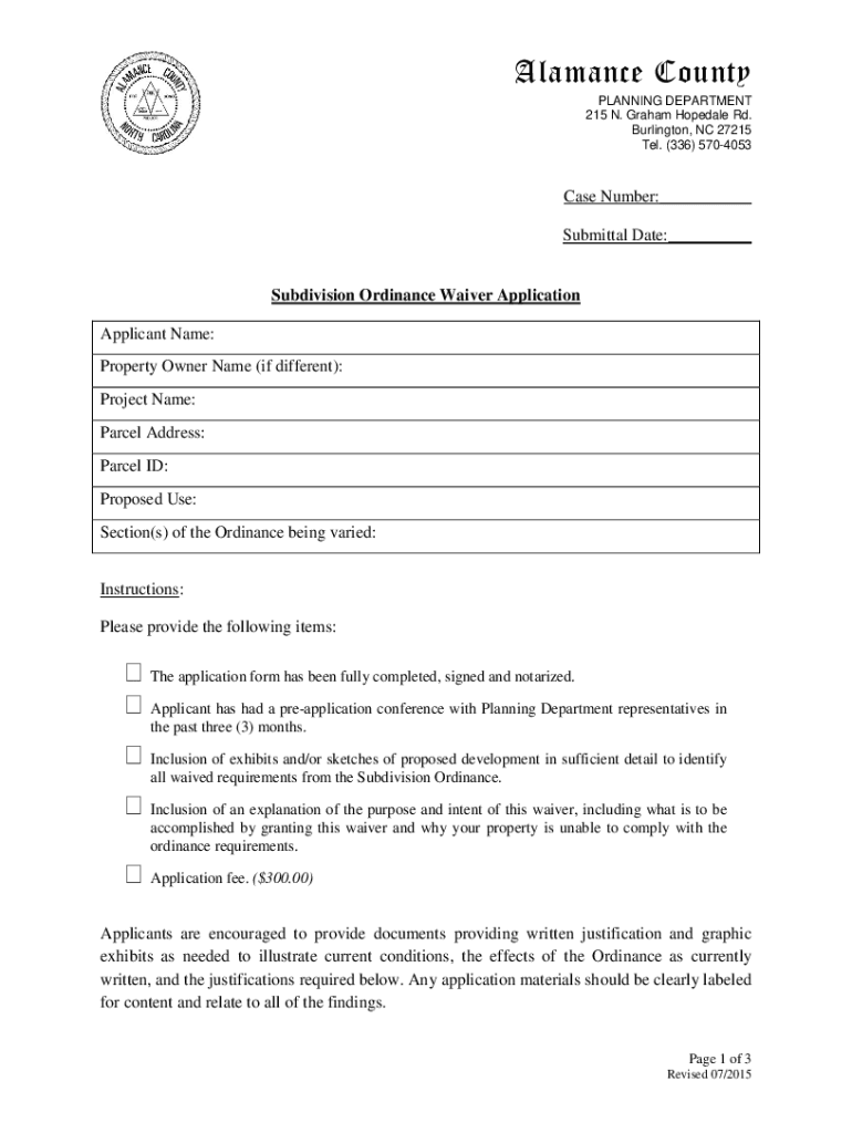 Fillable Online Subdivision-Waiver-Application-2015. ... Fax Email Print - pdfFiller