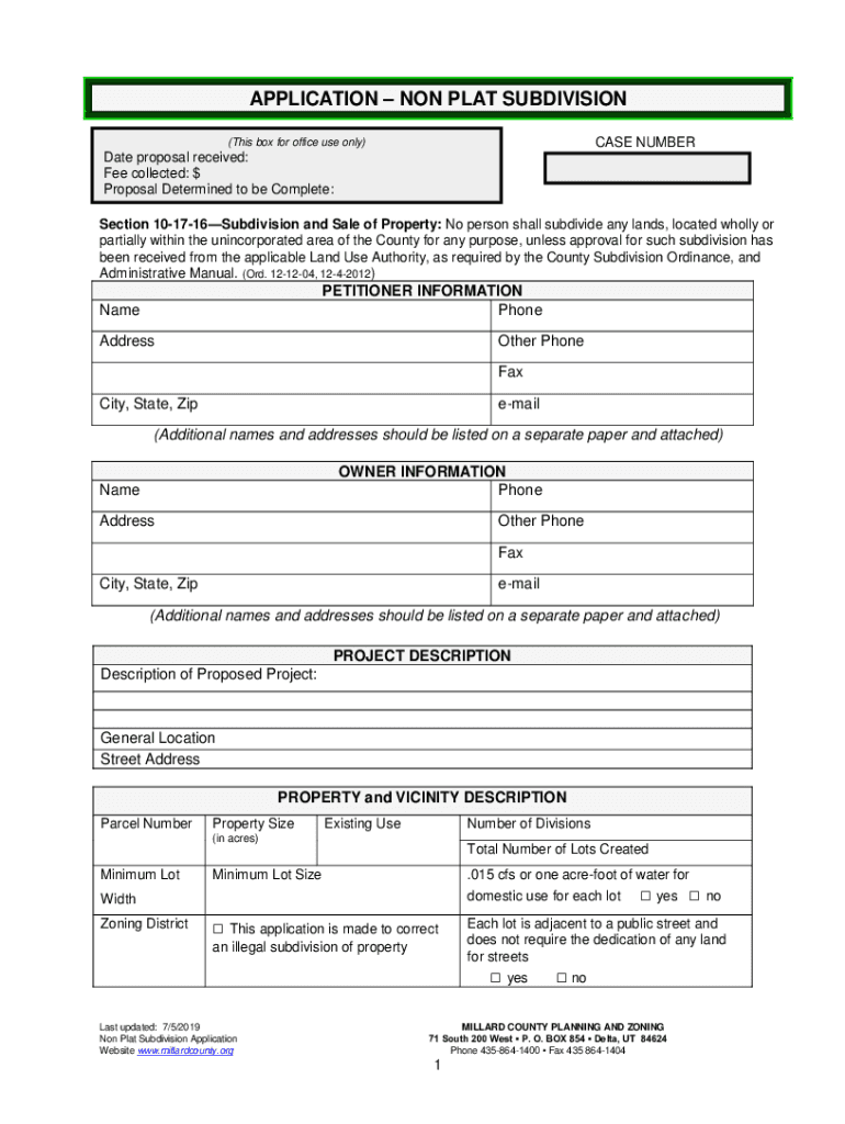 Fillable Online APPLICATION NON PLAT SUBDIVISION - Millard County ...