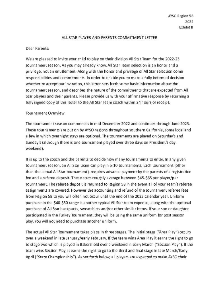 Fillable Online tournament player and parents commitment letter ...