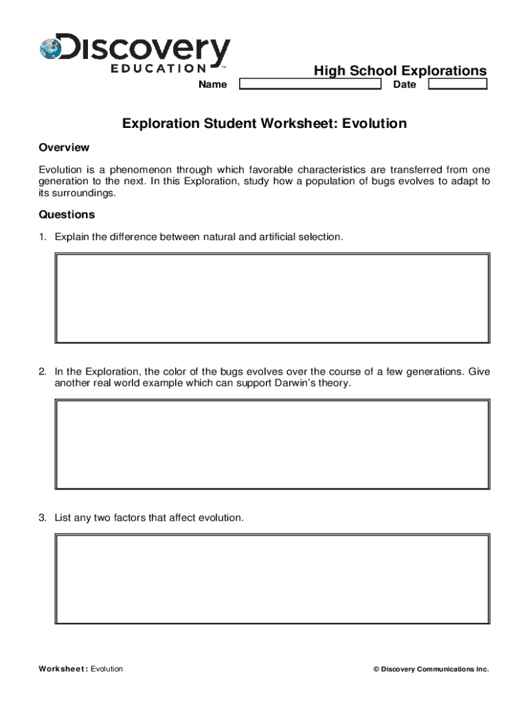 Fillable Online Exploration Student Worksheet. Evolution Fax Email ...