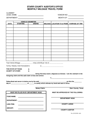 Fillable Online Monthly Mileage Travel Form - Starr County Fax Email ...
