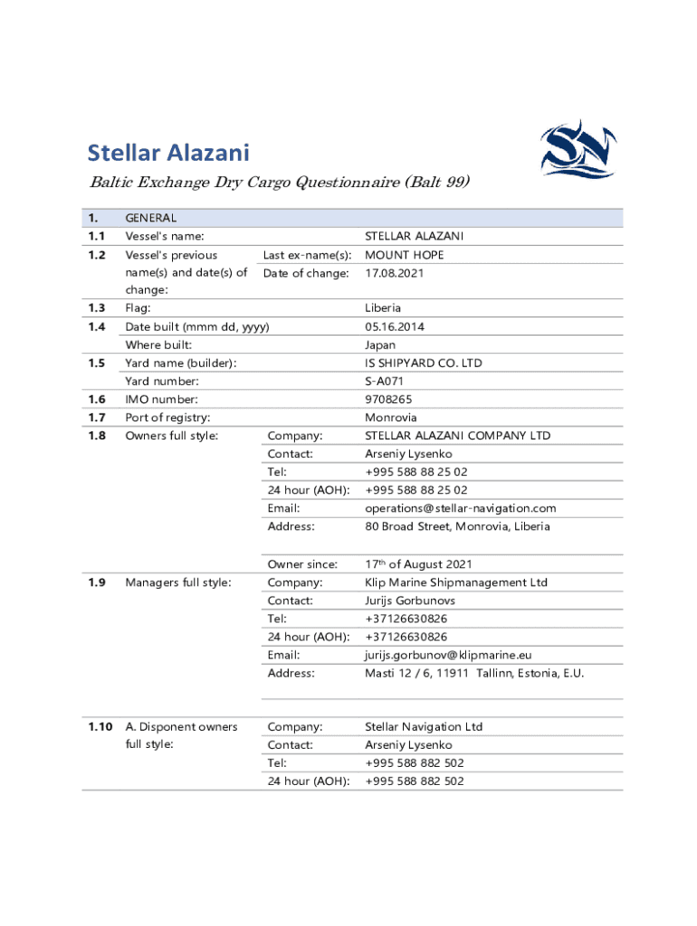 Fillable Online THE BALTIC EXCHANGE DRY CARGO QUESTIONNAIRE ... Fax ...