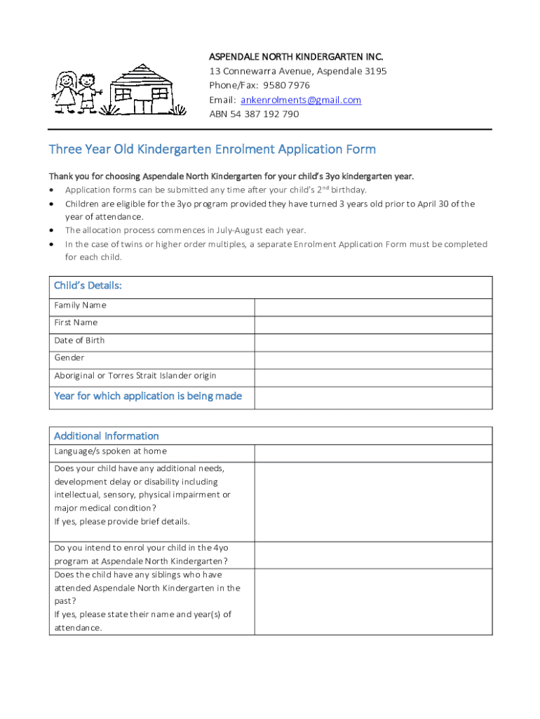 Fillable Online Three Year Old Kindergarten Enrolment Application Form ...