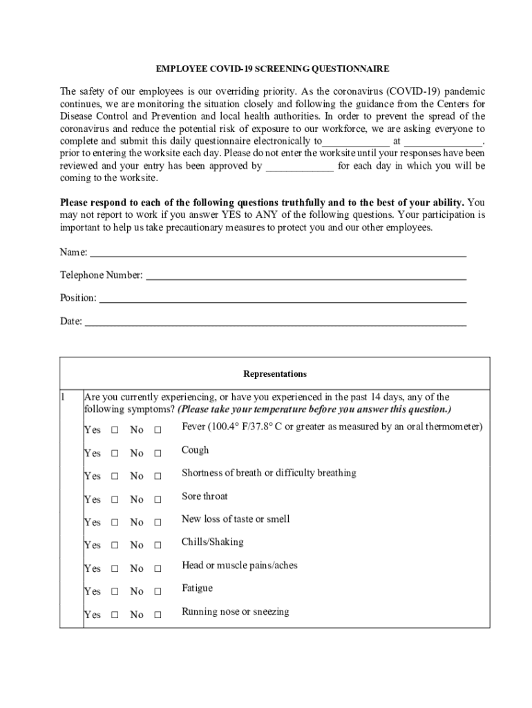Fillable Online Employee COVID-19 Self Screening Questionnaire - The ...