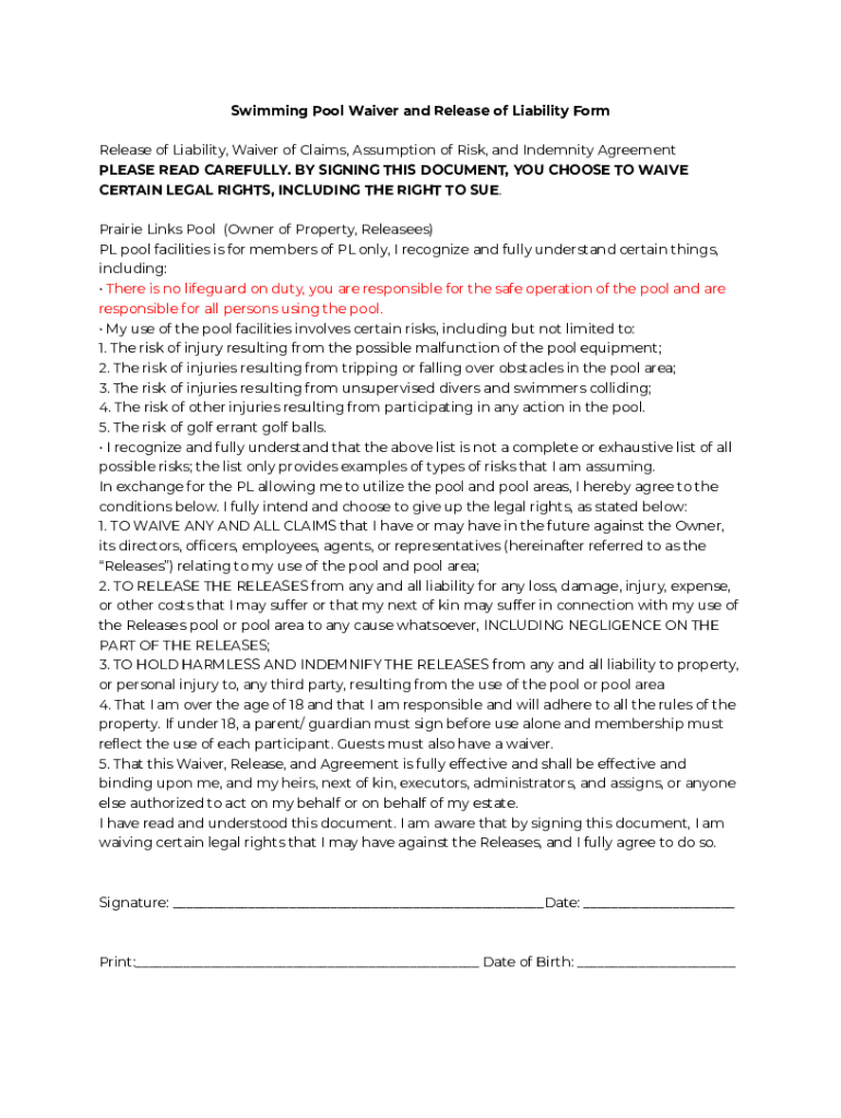 Fillable Online Swimming Pool Waiver and Release of ... - Rockville ...